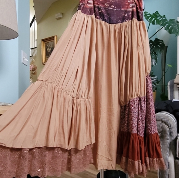 Ursime | Skirts | Ursime Boho Patchwork Floral Lace Trim Tiered Maxi ...